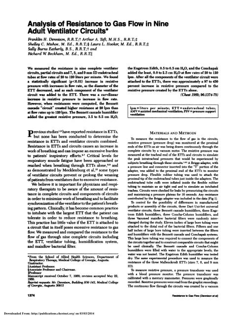 Analysis of Resistance to Gas Flow in Nine Adult Ventilator Circuits*