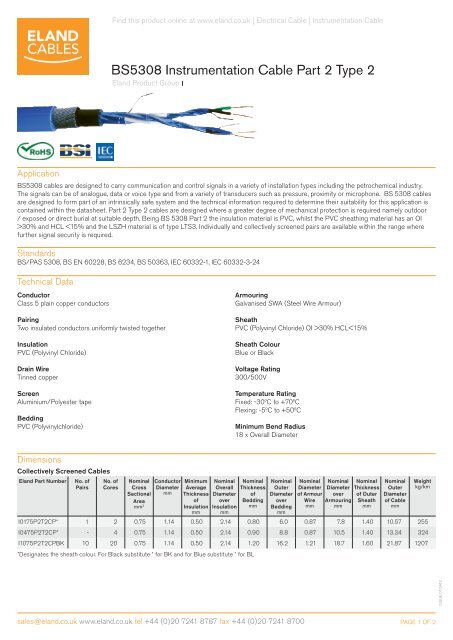 BS5308 Instrumentation Cable Part 2 Type 2 - Eland Cables