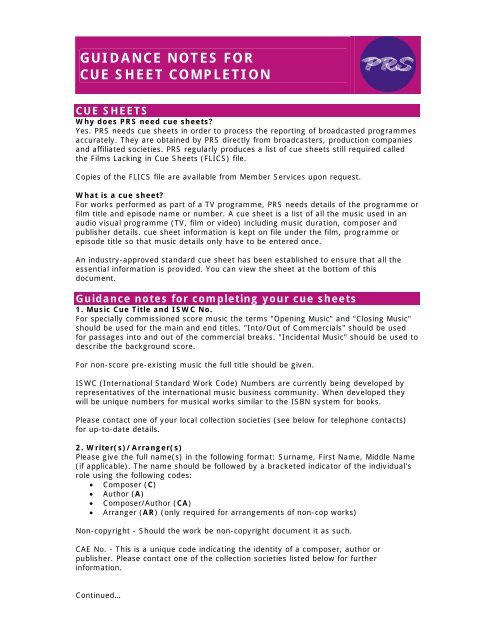 GUIDANCE NOTES FOR CUE SHEET COMPLETION - PRS