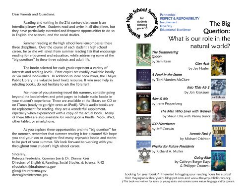 Reading assignment for students entering Grade 10