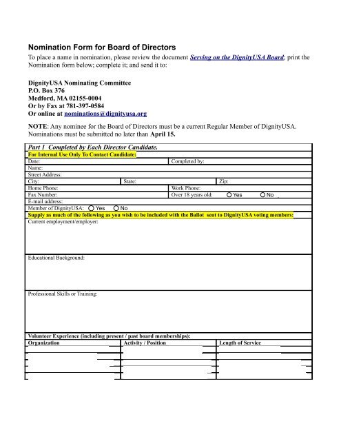 Nomination Form for Board of Directors and President ... - Dignity/USA