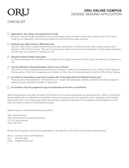oru online campus degree-seeking application cHecklist