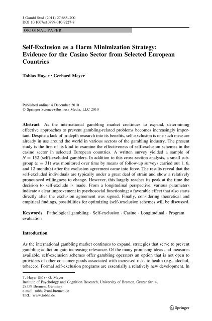 Self-Exclusion as a Harm Minimization Strategy ... - Gerhard Meyer