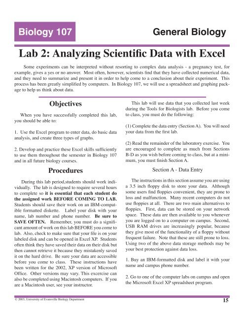Lab 2: Analyzing Scientific Data with Excel - University of Evansville