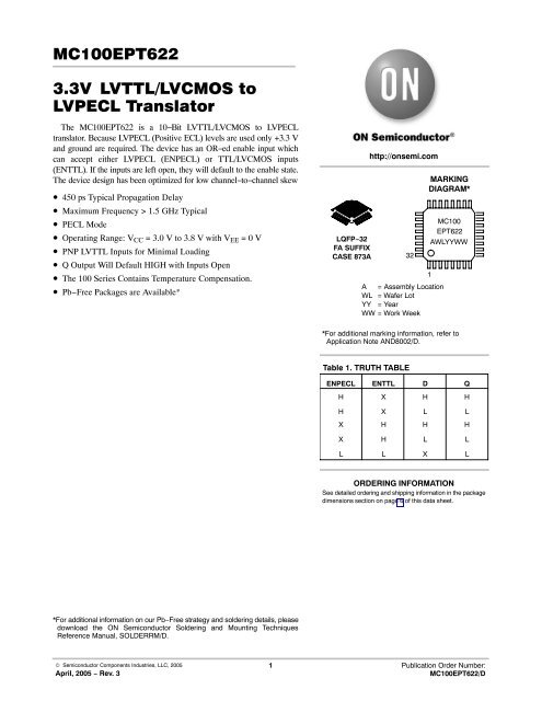 MC100EPT622 3.3V LVTTL/LVCMOS to LVPECL Translator