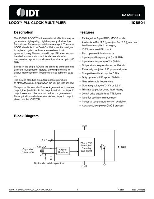 LOCOâ ¢ PLL CLOCK MULTIPLIER ICS501 Description Features ...