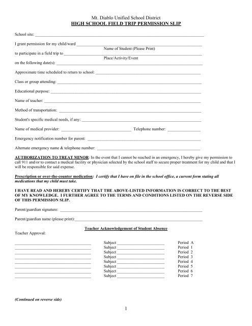 Field Trip Permission Slip High School - Mt. Diablo Unified School ...