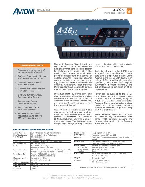 A-16II Personal Mixer Data Sheet - Northern Sound & Light