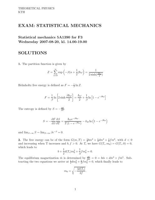 EXAM: STATISTICAL MECHANICS SOLUTIONS