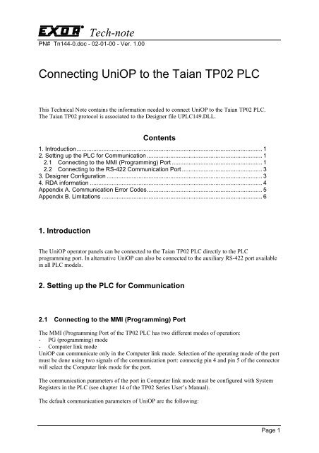 Connecting UniOP to the Taian TP02 PLC