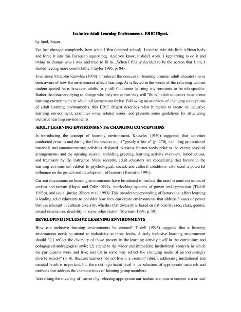 Inclusive Adult Learning Environments. ERIC Digest.