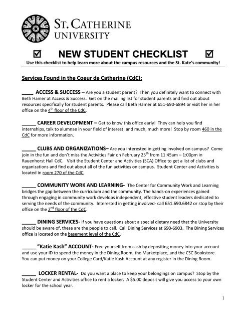 Campus Resource Checklist For Incoming Students - St. Catherine ...