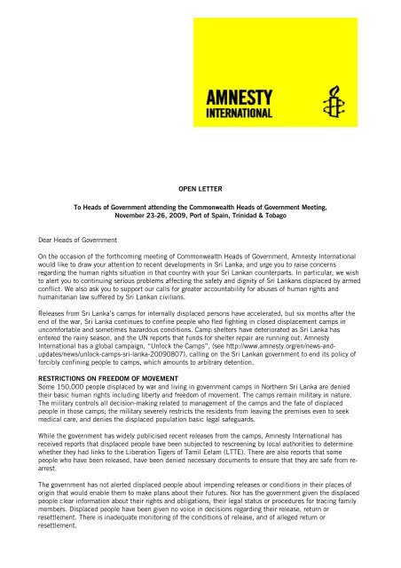 Open Letter to all Heads of Governments - Amnesty International