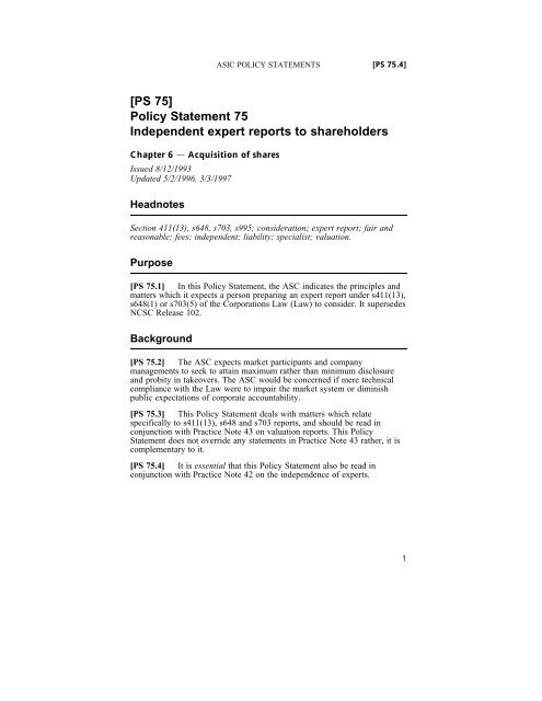 PS 75 - Independent expert reports to shareholders - Thomson