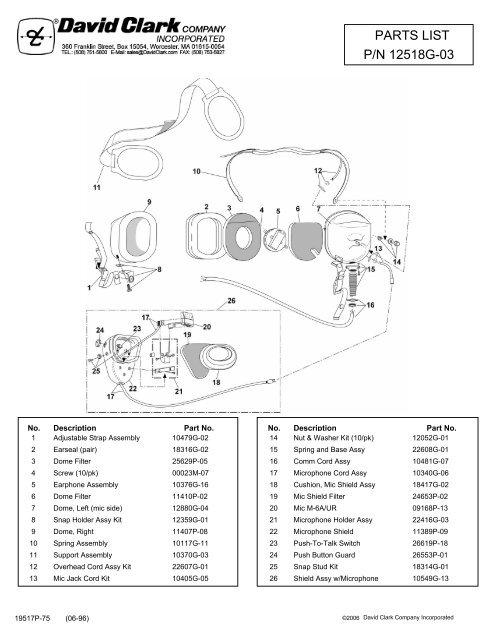 P/N 12518G-03 PARTS LIST - David Clark Company Incorporated