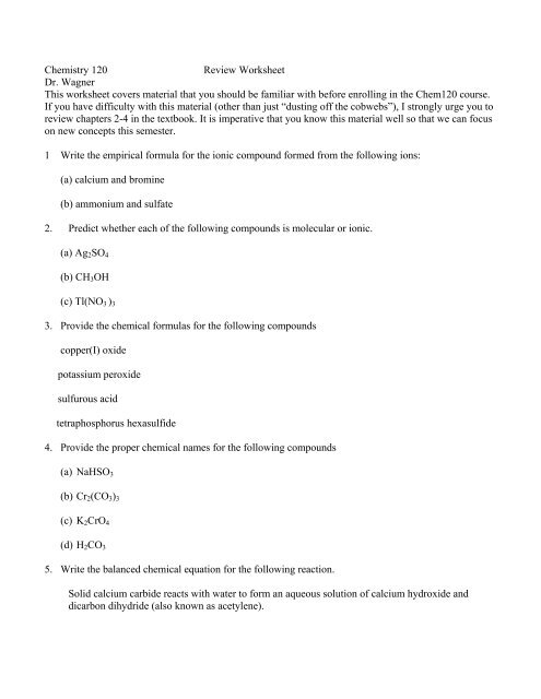 Chemistry 120 Review Worksheet Dr. Wagner This worksheet ...