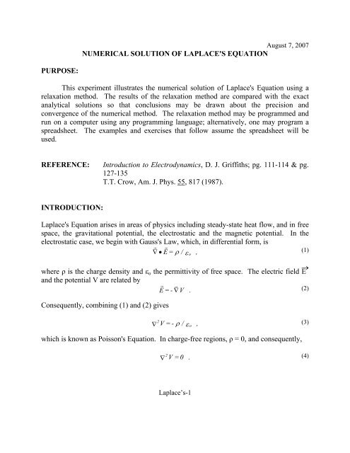 NUMERICAL SOLUTION OF LAPLACE'S EQUATION PURPOSE ...