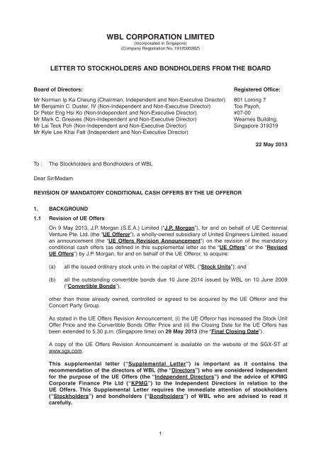 Supplemental Letter - WBL Corporation Ltd