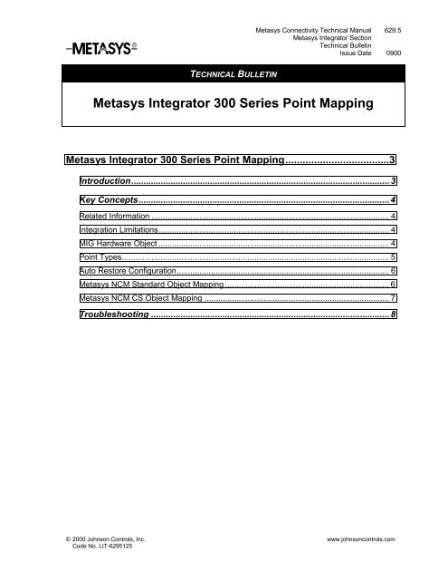 Metasys Integrator 300 Series Point Mapping ... - Johnson Controls
