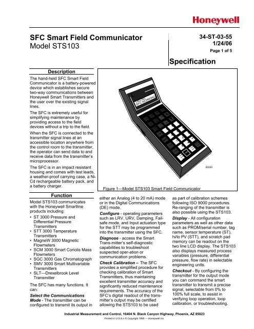 SFC Smart Field Communicator Model STS103 Specification