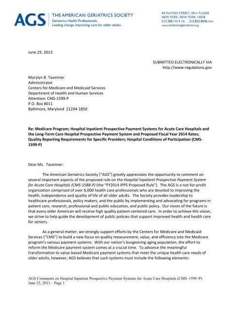 AGS Comment Letter on FY 2014 IPPS Proposed Rule - American ...
