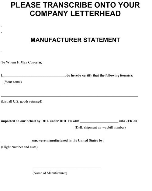 Manufacturer's Statement - DHL