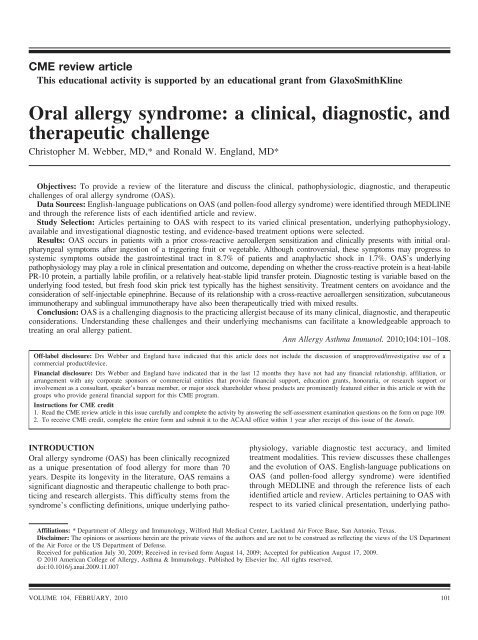 Oral allergy syndrome: a clinical, diagnostic, and ... - AInotes