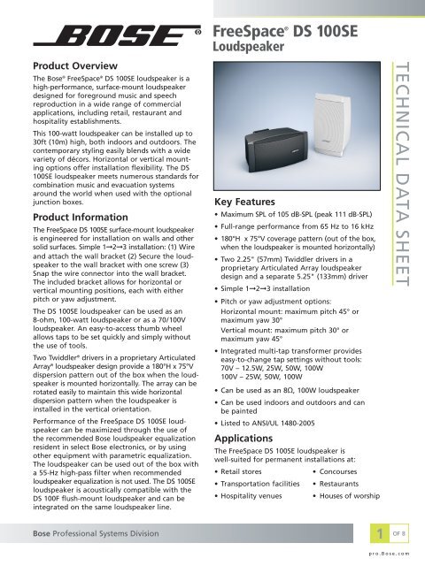 FreeSpace DS 100SE Loudspeaker - Technical Data Sheet - Doneo