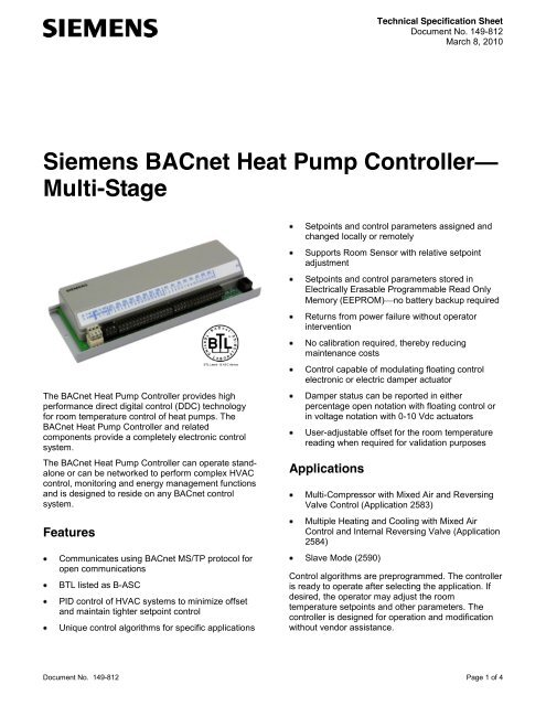 Siemens BACnet Heat Pump Controller - BACnet International