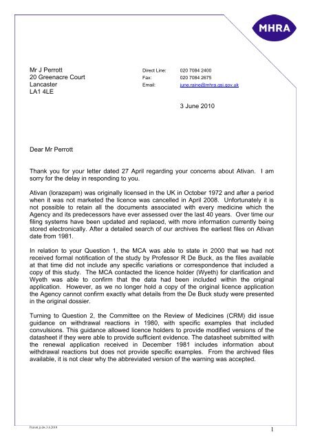 Letter from Dr June Raine, MHRA to John Perrrott - Benzo.org.uk