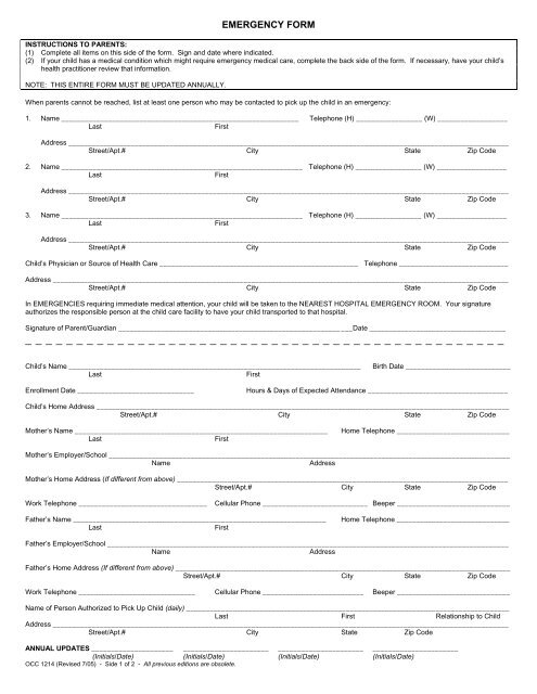 EMERGENCY FORM - Potomac Nursery School