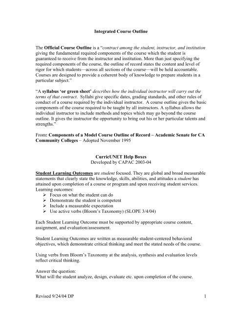 Integrated Course Outline - CAPAC - Ohlone College