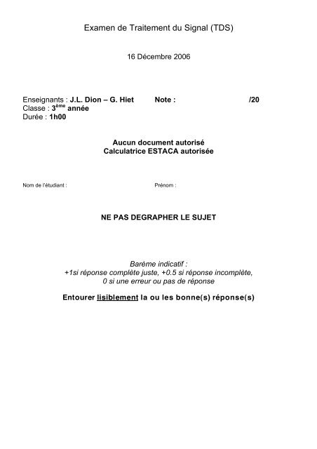 Examen de Traitement du Signal (TDS)
