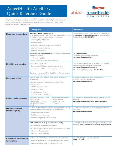 AmeriHealth (NJ) Ancillary Quick Reference Guide - AmeriHealth.com