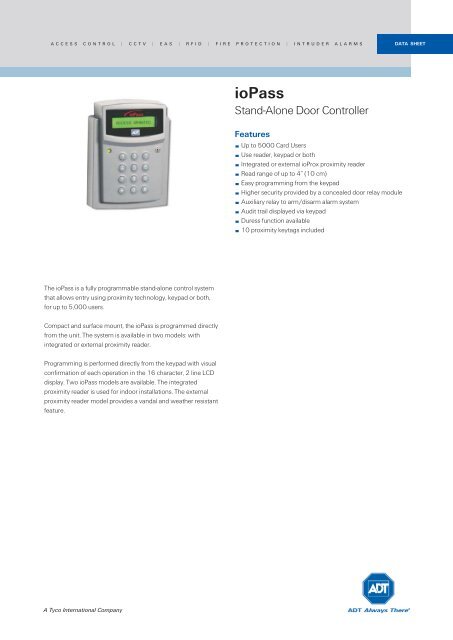 ioPass Stand-Alone Door Controller - ADT UK Branded Datasheet