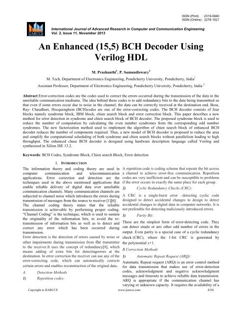 An Enhanced (15,5) BCH Decoder Using Verilog HDL - Ijarcce.com
