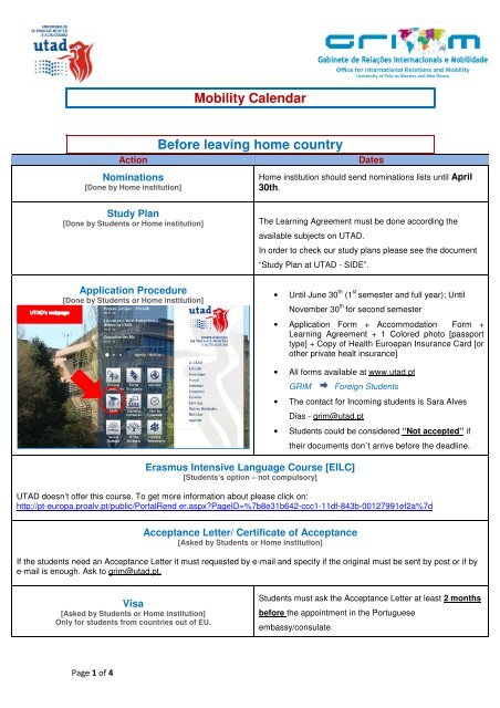 Mobility Calendar Before leaving home country - Utad