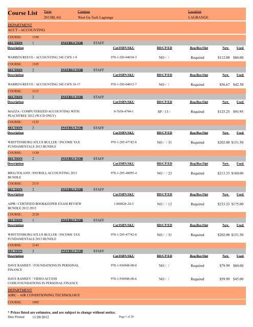 Course List - West Georgia Technical College