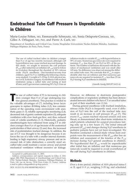Endotracheal Tube Cuff Pressure Is Unpredictable in Children