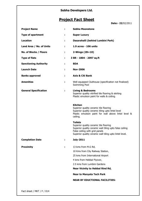 Project Fact Sheet - Sobha Developers Ltd.