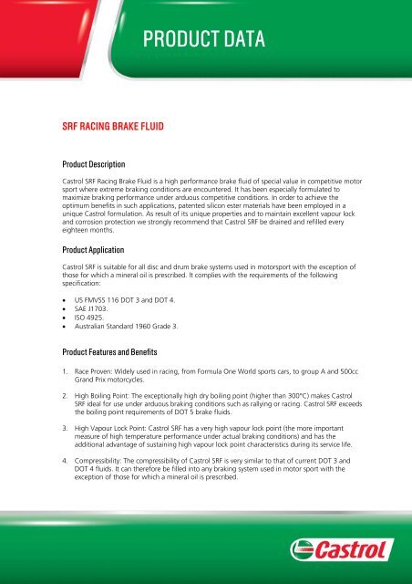 SRF Racing Brake Fluid 2007 11 - Castrol TDS