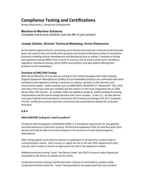 Compliance Testing and Certifications - Arrow Electronics