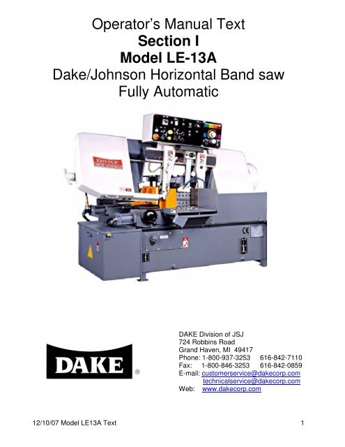 Operator's Manual Text Section I Model LE-13A Dake/Johnson ...