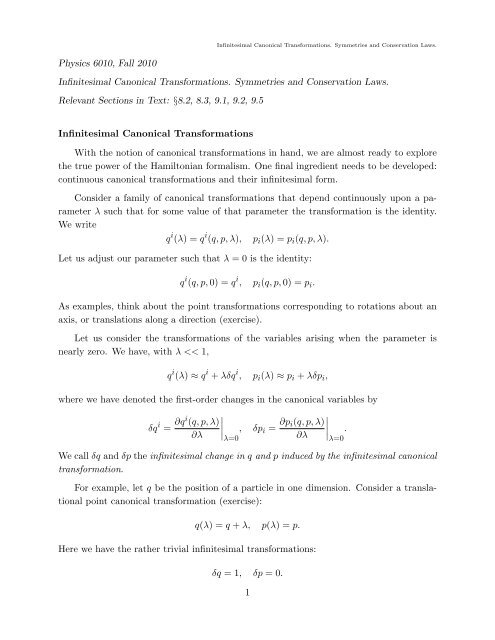 Infinitesimal Canonical Transformations Symmetries And