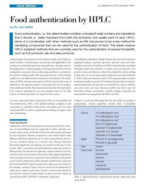 Food authentication by HPLC