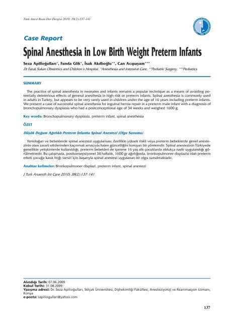 Spinal Anesthesia in Low Birth Weight Preterm Infants - TARD