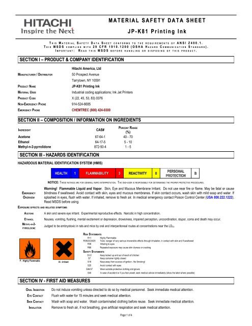 JP-K81 Printing Ink | Material Safety Data Sheet : Hitachi America, Ltd.