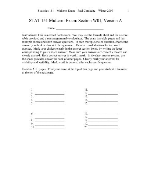Stat 151 Midterm Exam Section W01 Version A