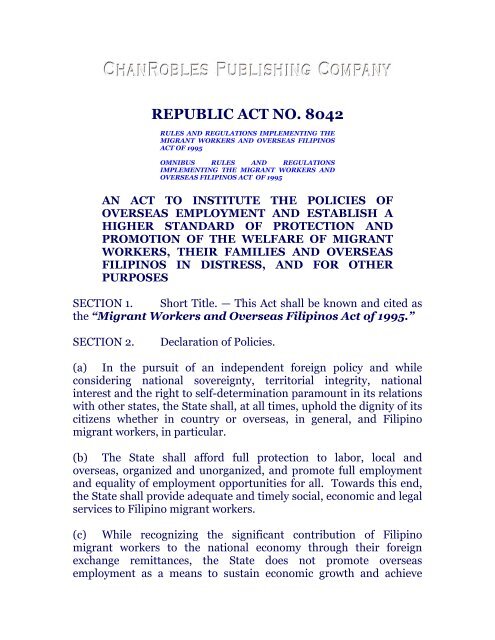 REPUBLIC ACT NO. 8042 - Chan Robles and Associates Law Firm