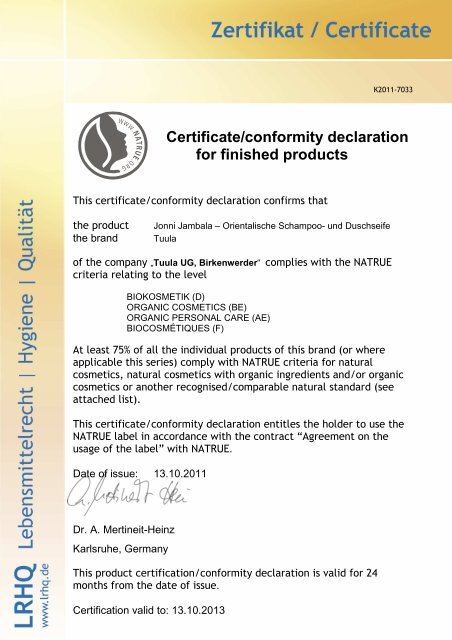 Certificate/conformity declaration for finished products - Tuula